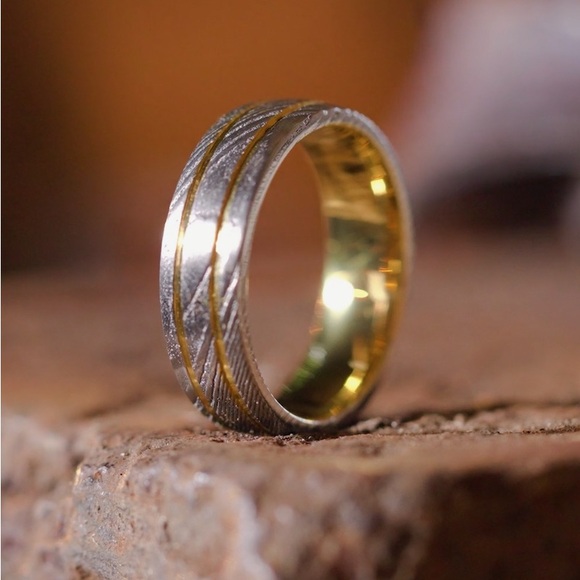 Accessories | New 8mm Tungsten Ring Double Groove Damascus Yellow Gold ...